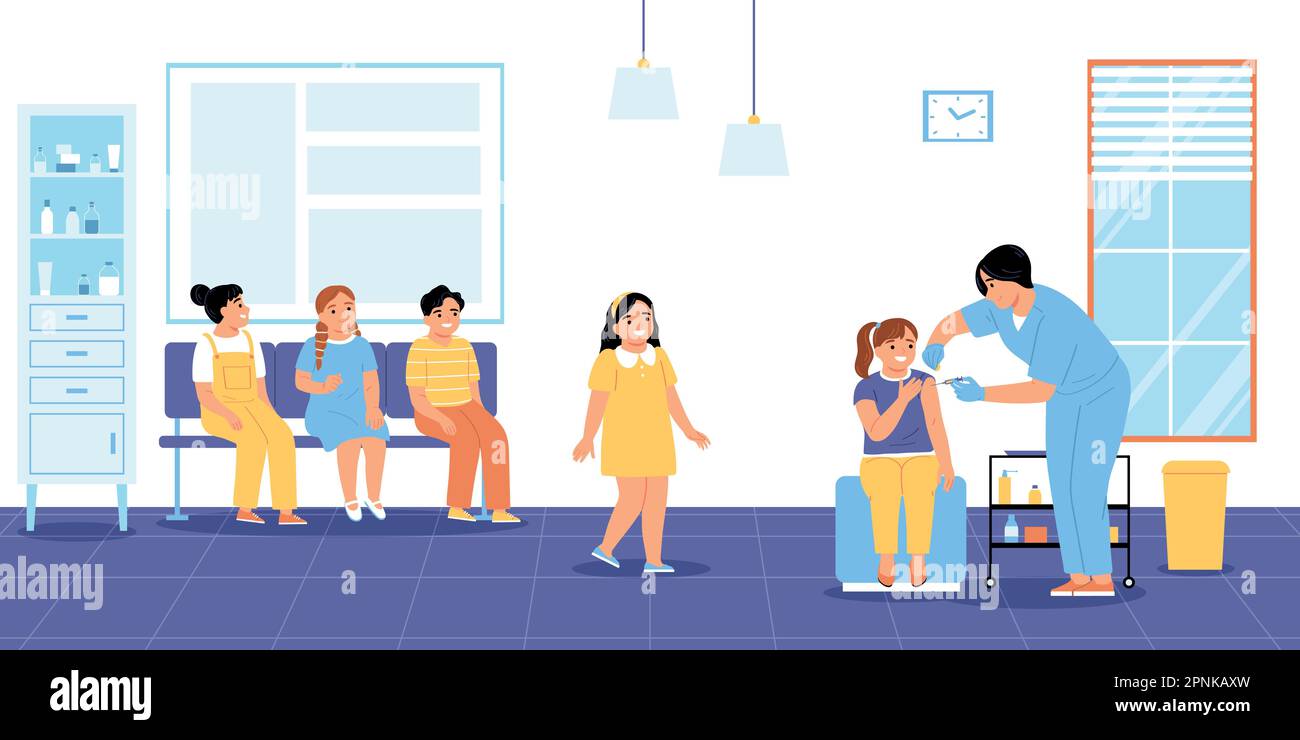 Vaccination flat concept with school children getting injections vector ...