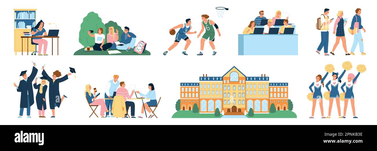 Students flat icons set with university buildings and campus life ...
