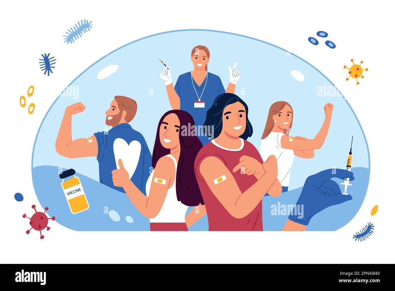 Vaccination flat concept with happy people after immune injections ...