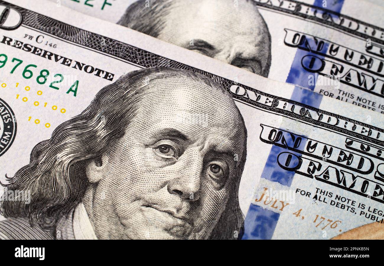 Extreme close-up of one hundred bill Franklin portrait. Macro. American ...