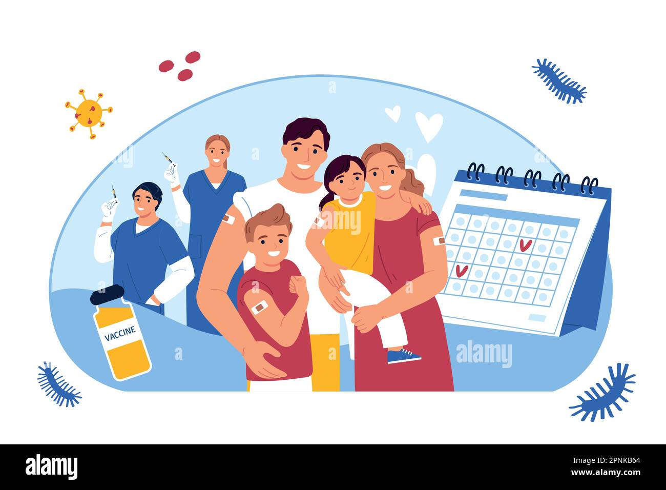 Vaccination flat concept with happy family with immunization calendar ...