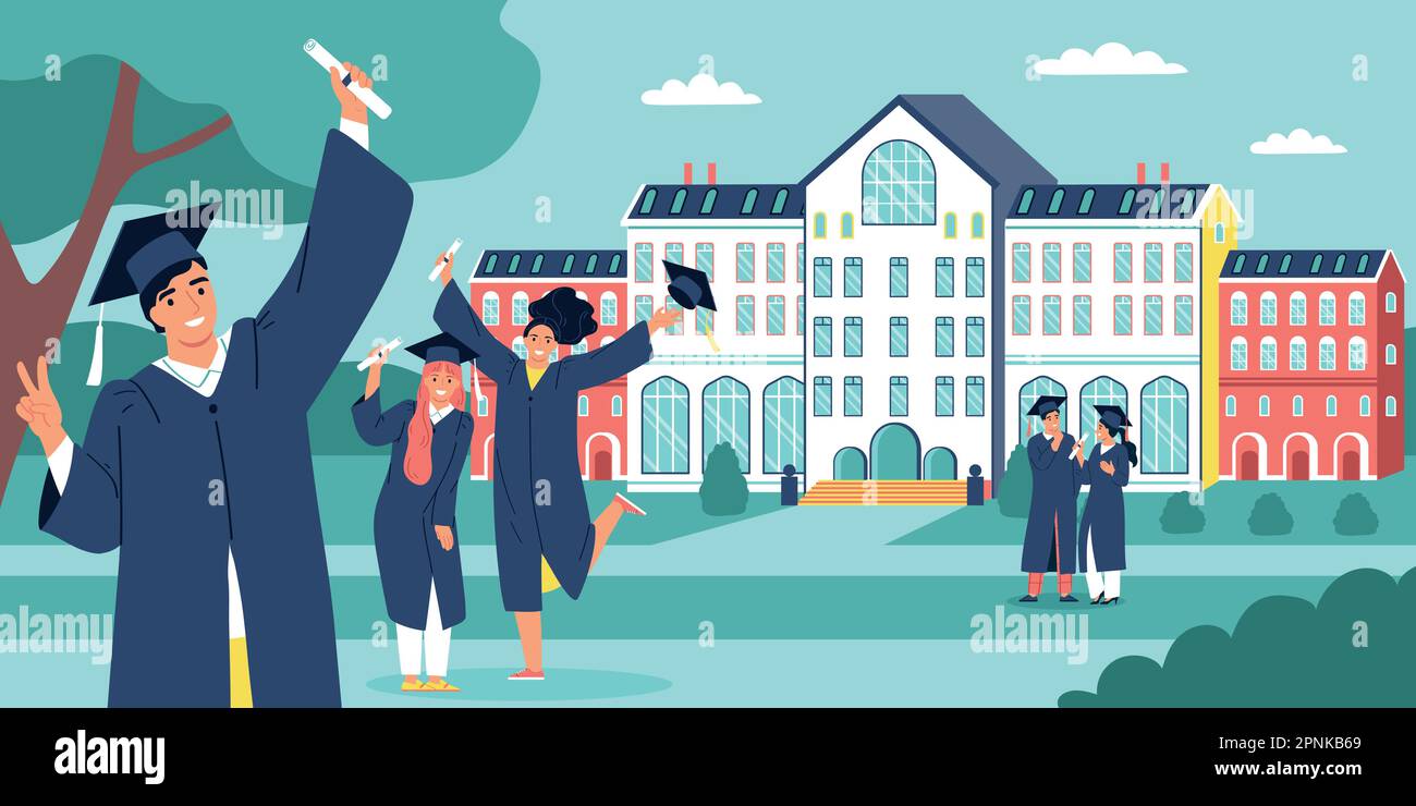 Student flat concept with young men graduation scene with university ...