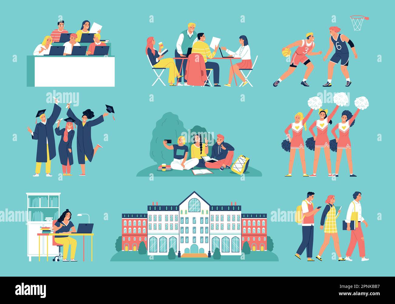 Students flat icons set with university campus life scenes isolated vector illustration Stock ...