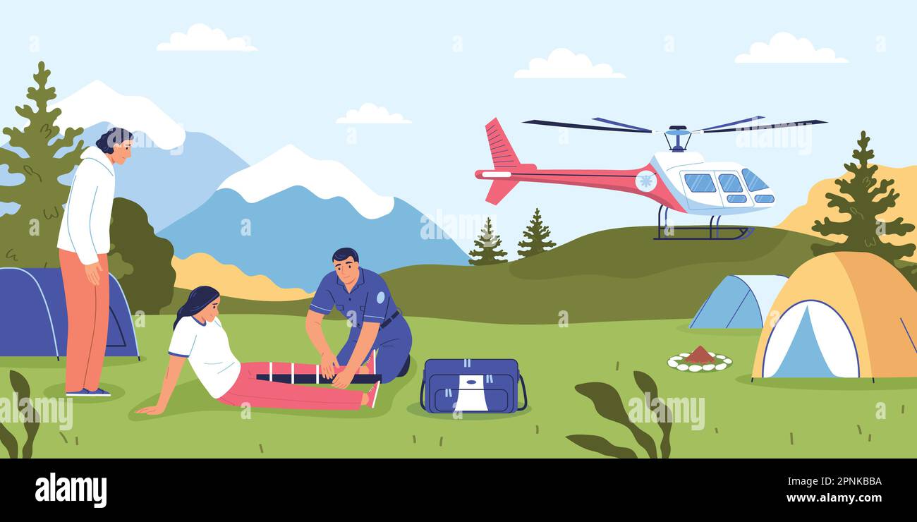 First aid flat concept with rescue team and emergency helicopter vector ...