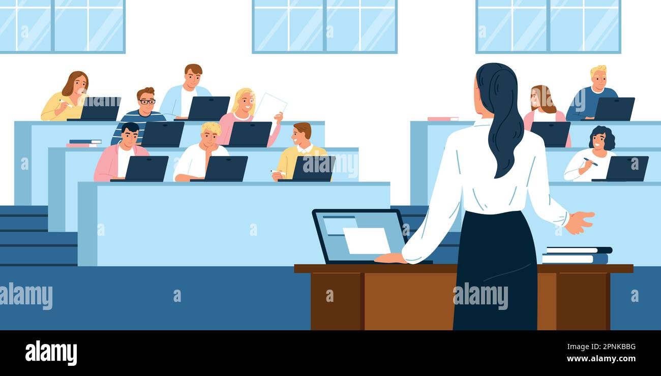 Student campus flat concept with professor speaking in front of the ...