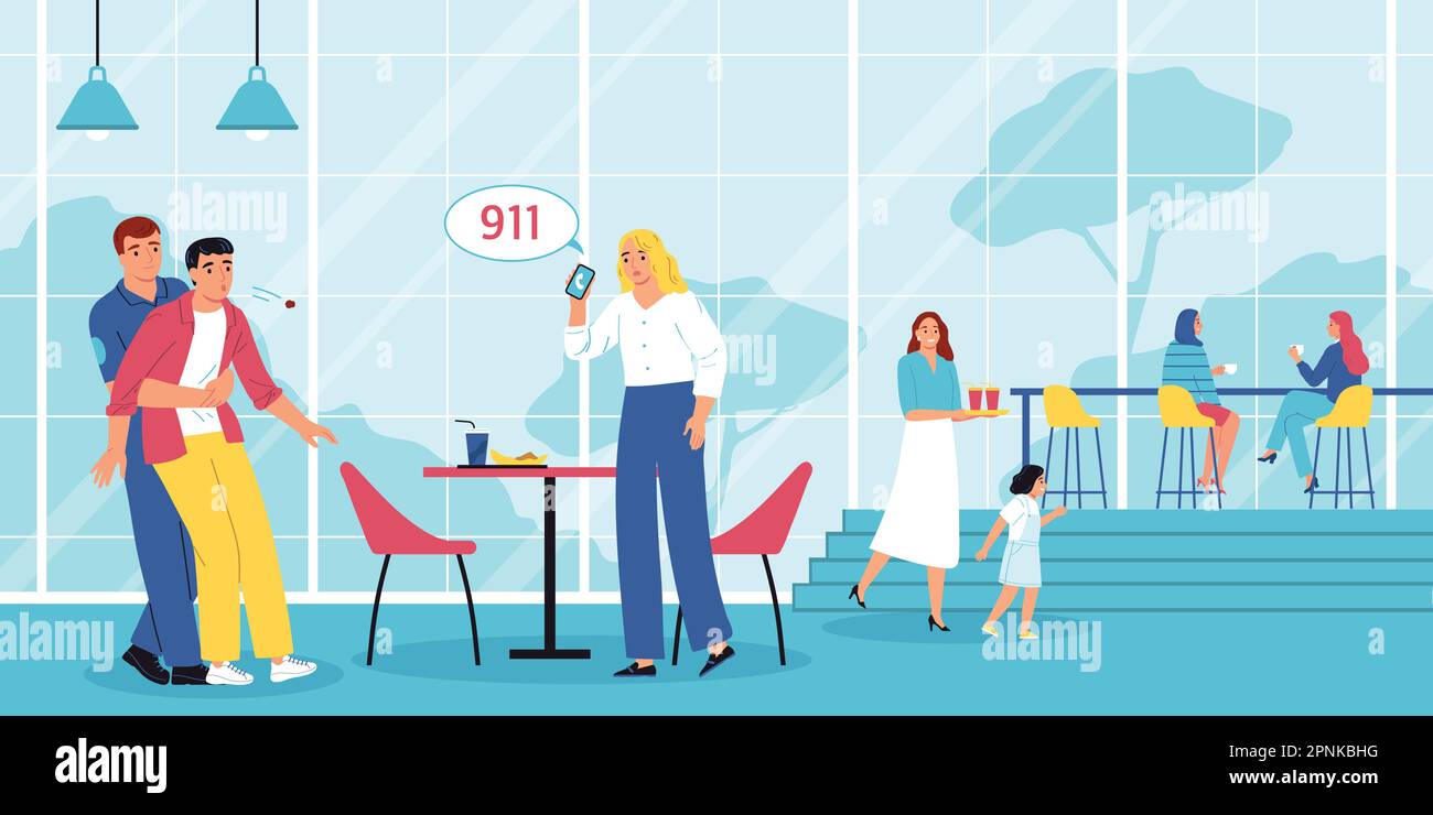 First aid concept with paramedic doing heimlich maneuver flat vector ...