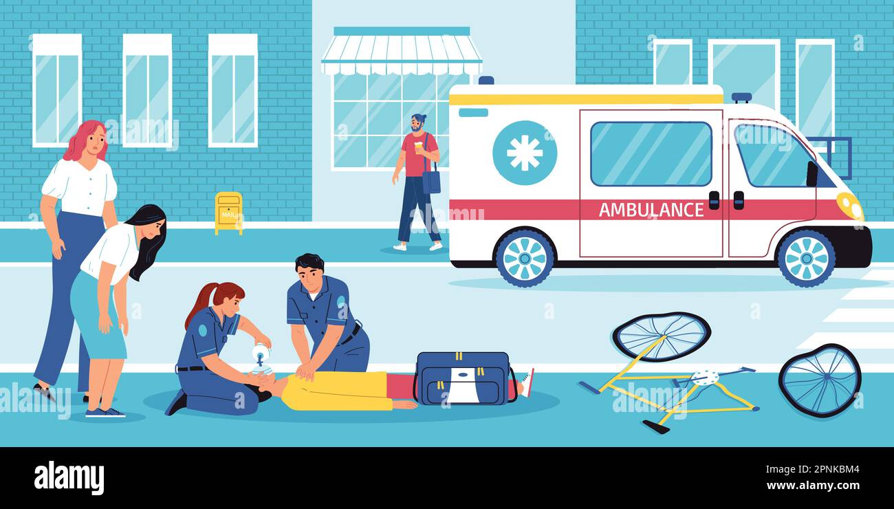 First aid flat composition with ambulance car and paramedic doctors vector illustration Stock ...