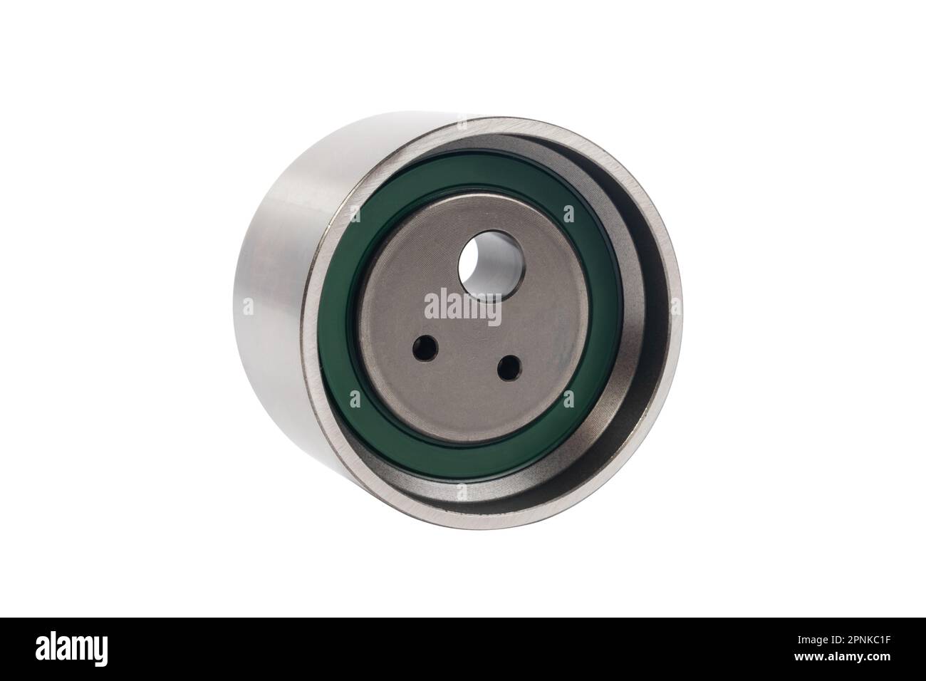 New timing belt tensioner rollers close-up on a white background. Spare ...
