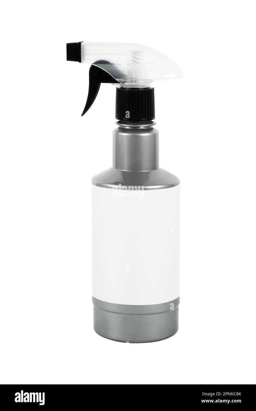 Silver grey spray bottle on white background. Sprayer with a blank ...