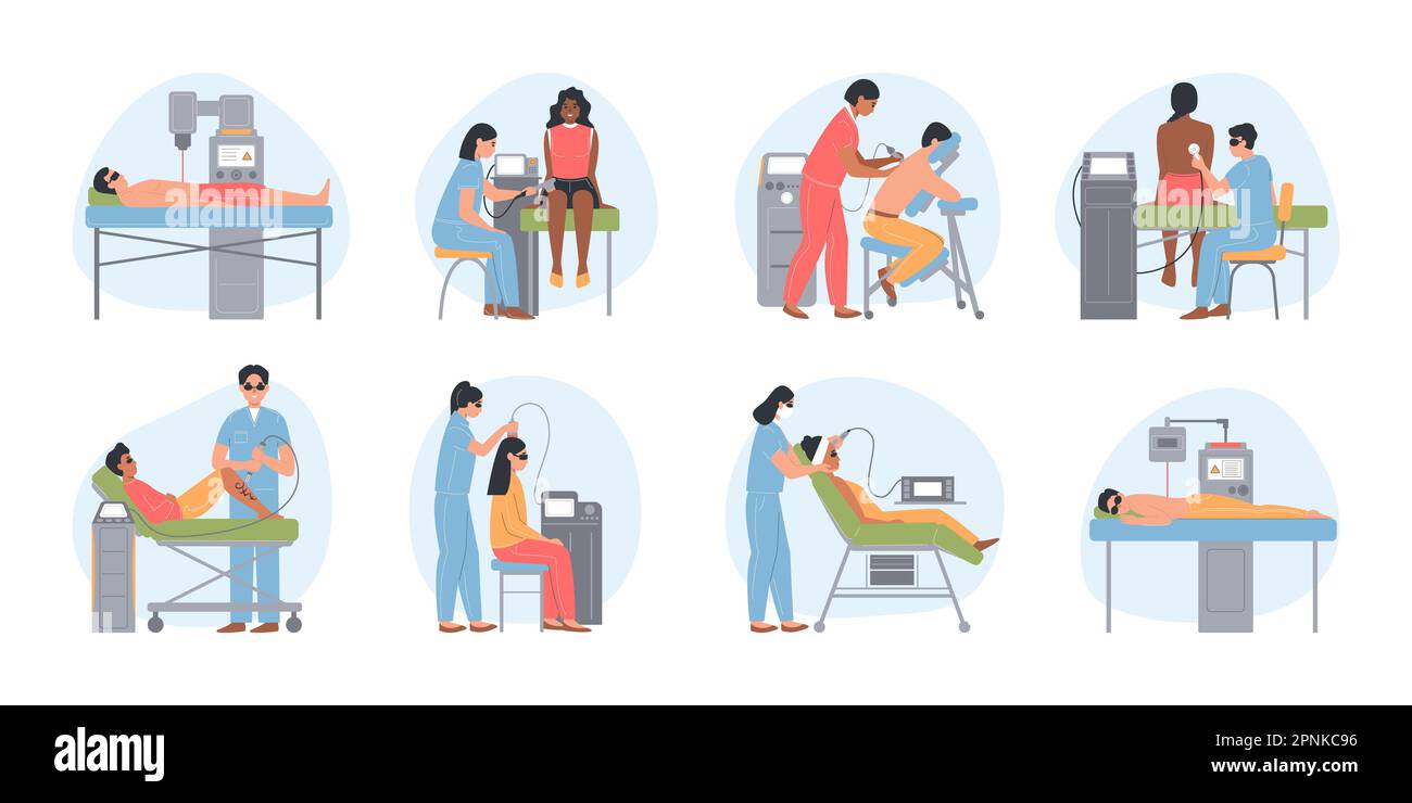 Set with eight isolated round laser therapy flat compositions of ...