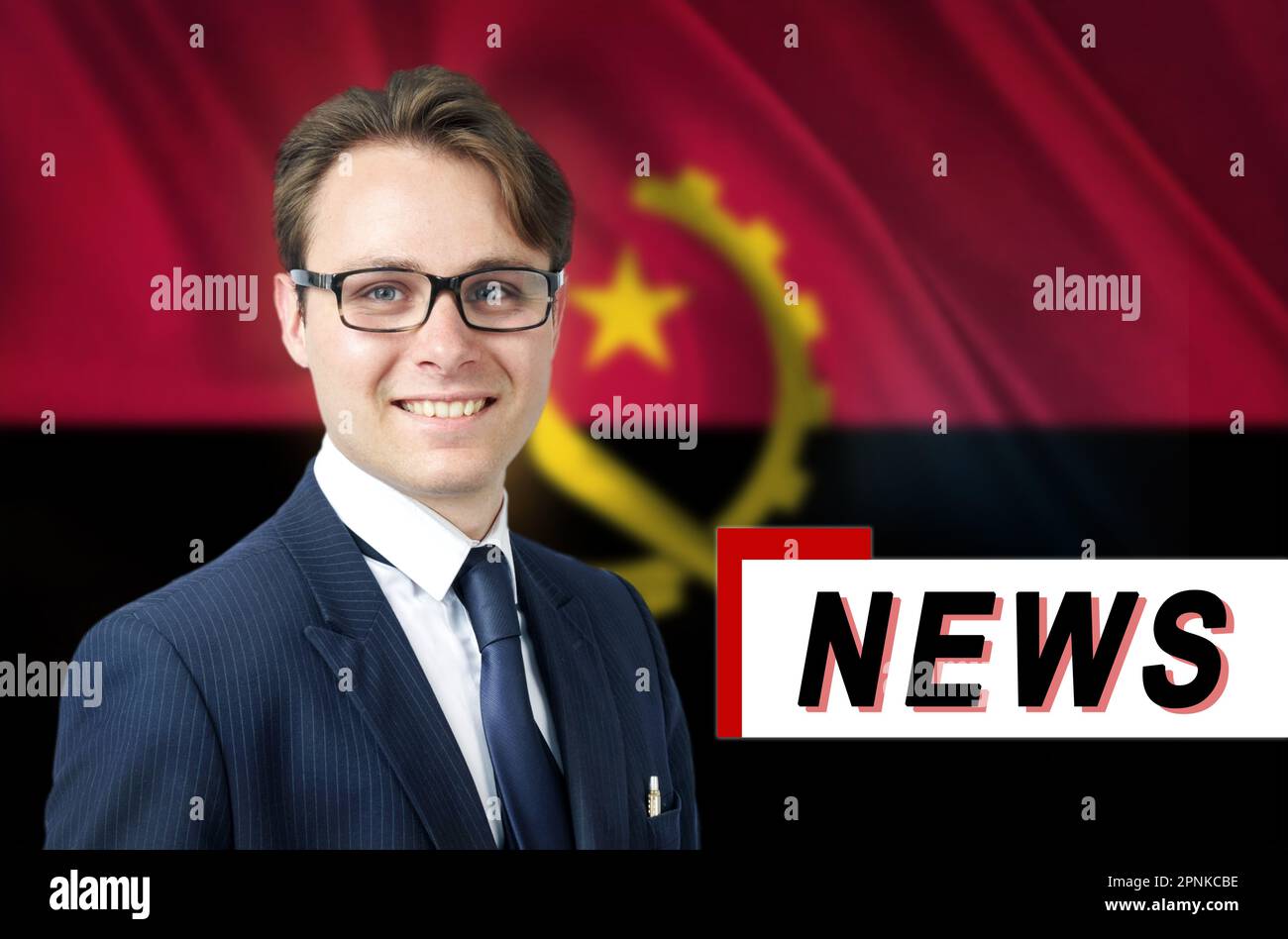 News anchor, tells the latest news, smiling, against the background of ...