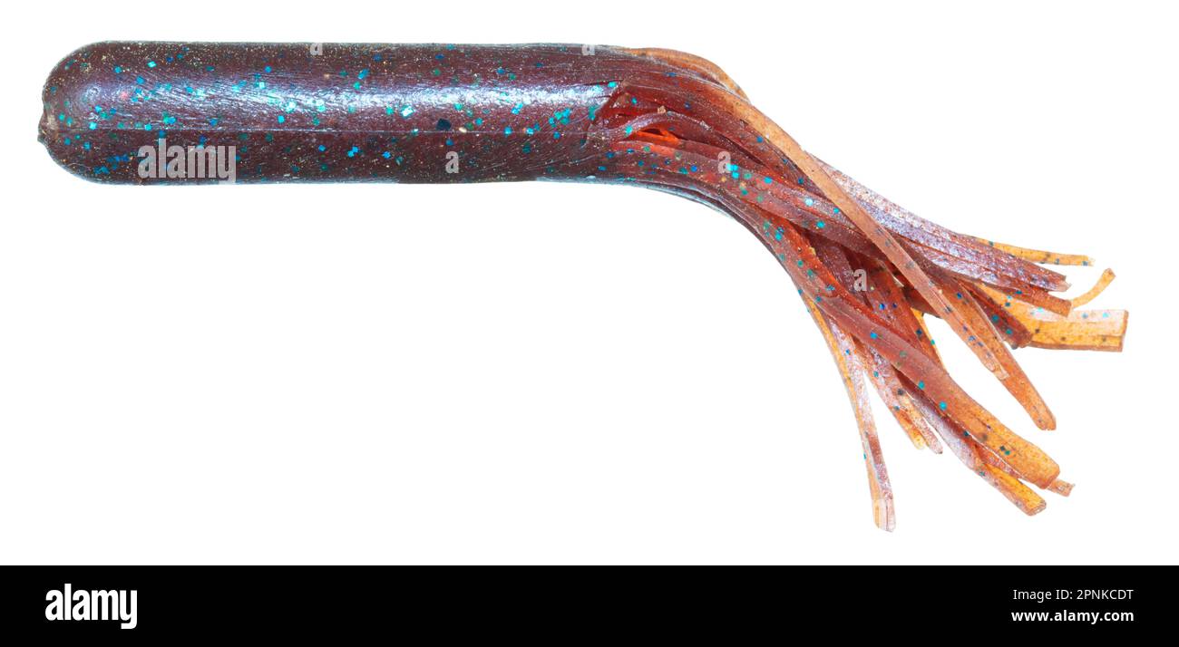 Artificial tube lure that is used for fishing that has red and orange ...