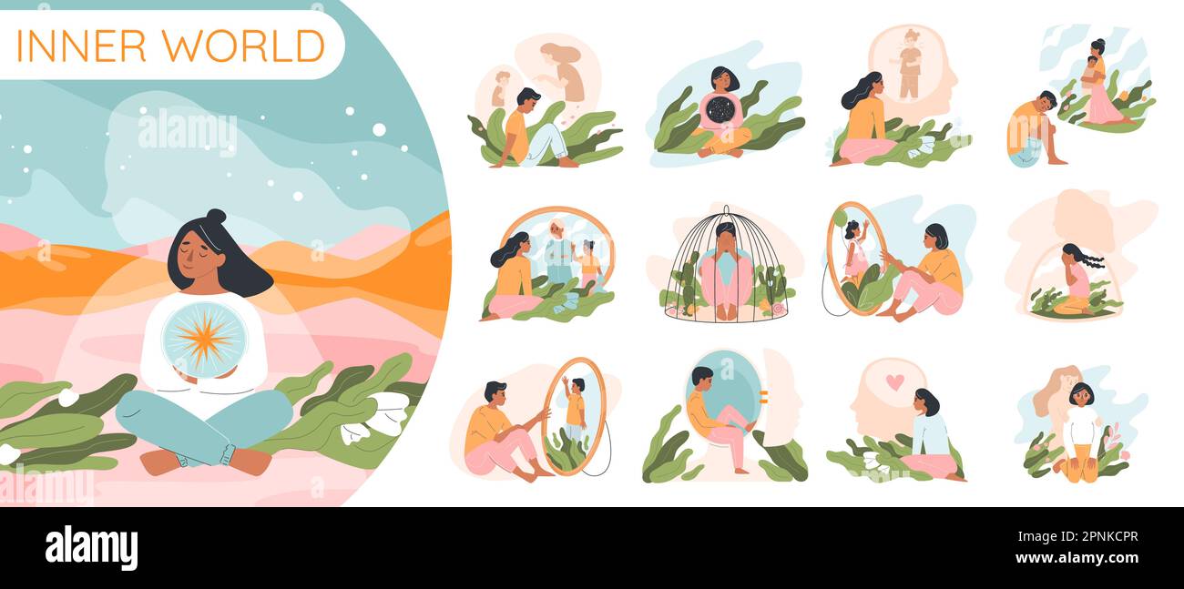 Human inner world set with isolated compositions of text flat ...