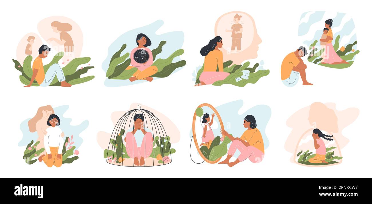 Human inner world set with flat isolated compositions of people ...