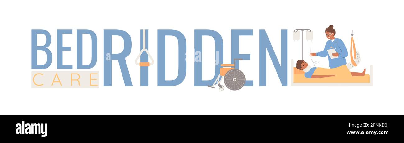 Bedridden care flat text composition with medical equipment icons ...