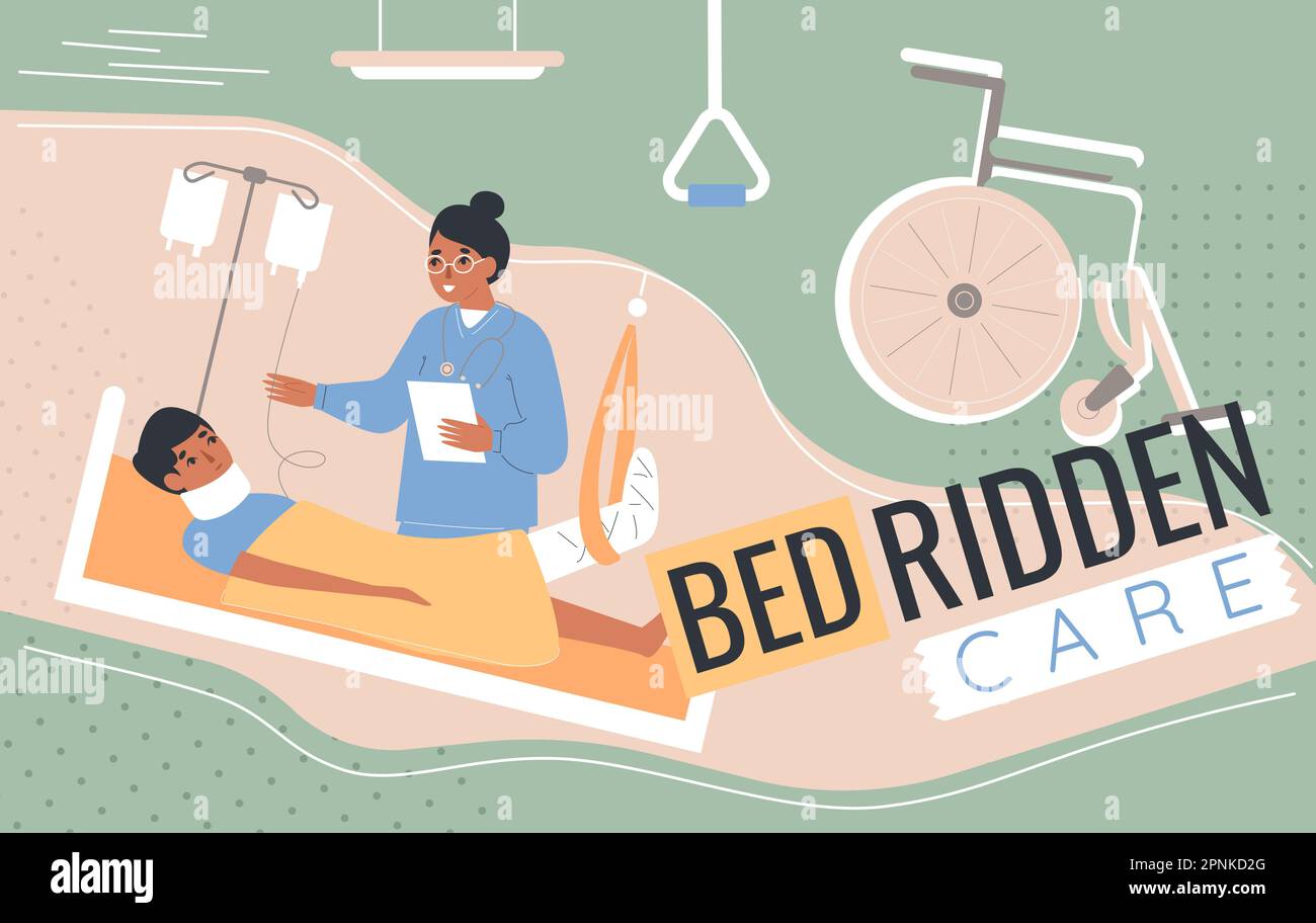 Bedridden care composition with collage of flat icons characters of ...