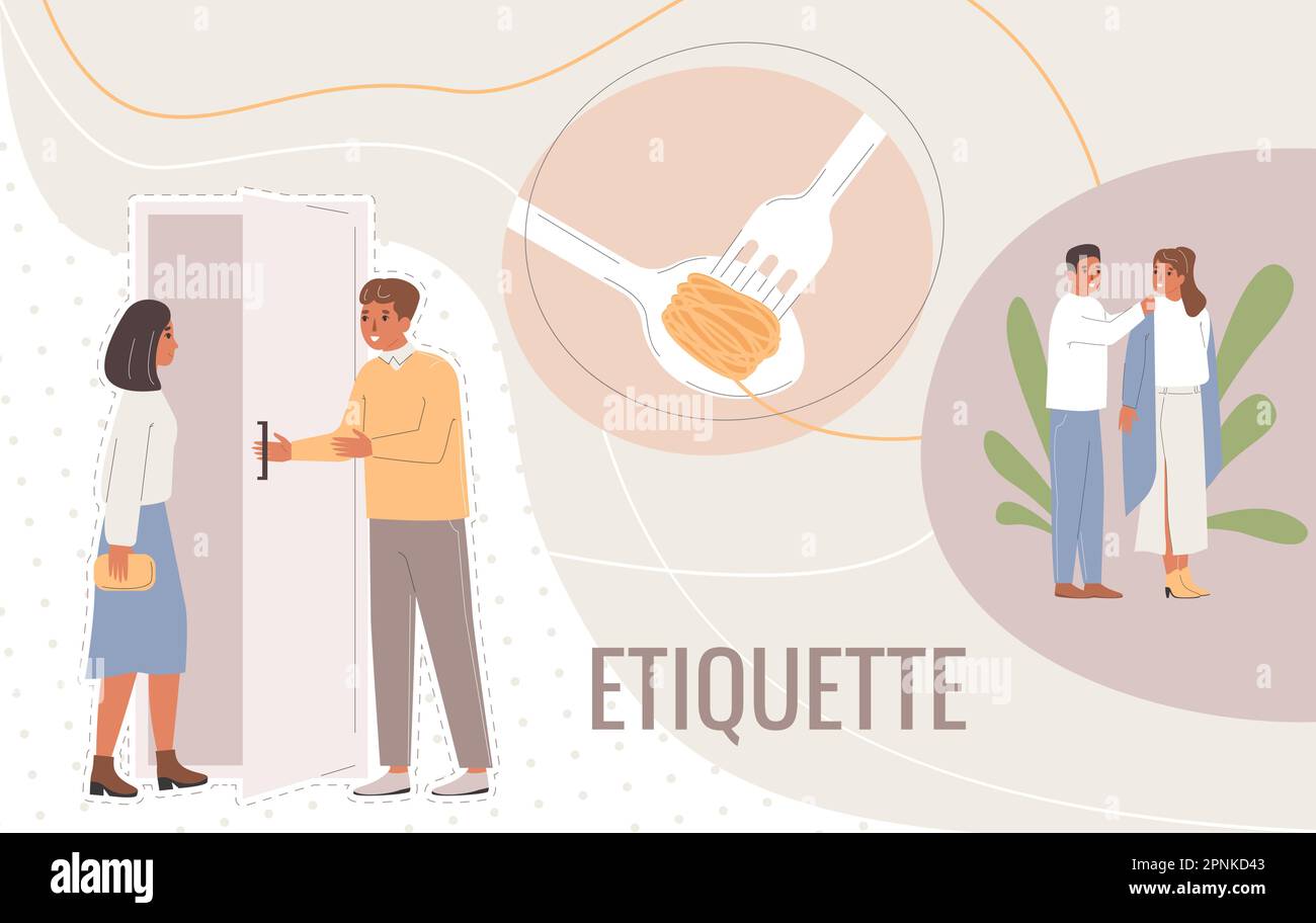 Etiquette rules composition with collage of flat icons and doodle human ...