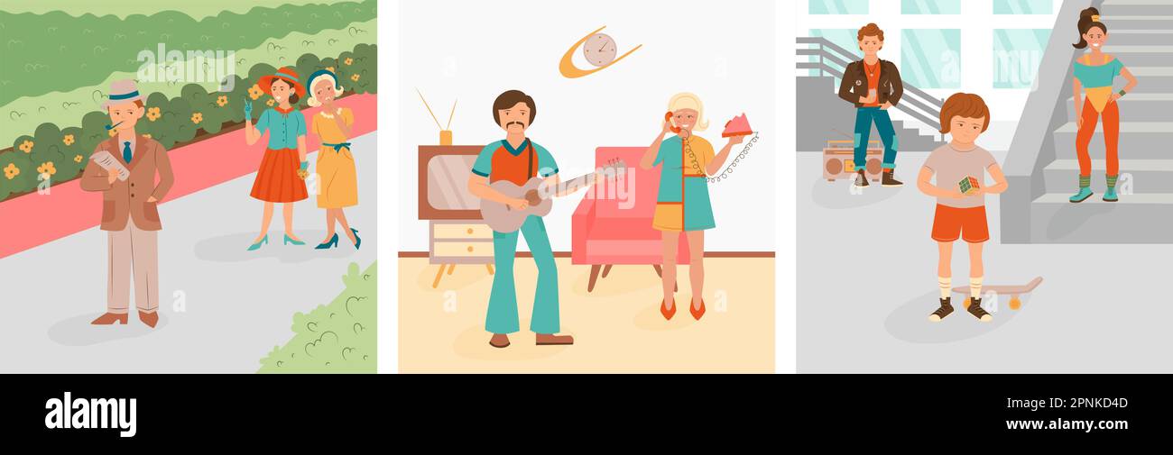 Generations of people set with flat compositions of vintage retro and ...