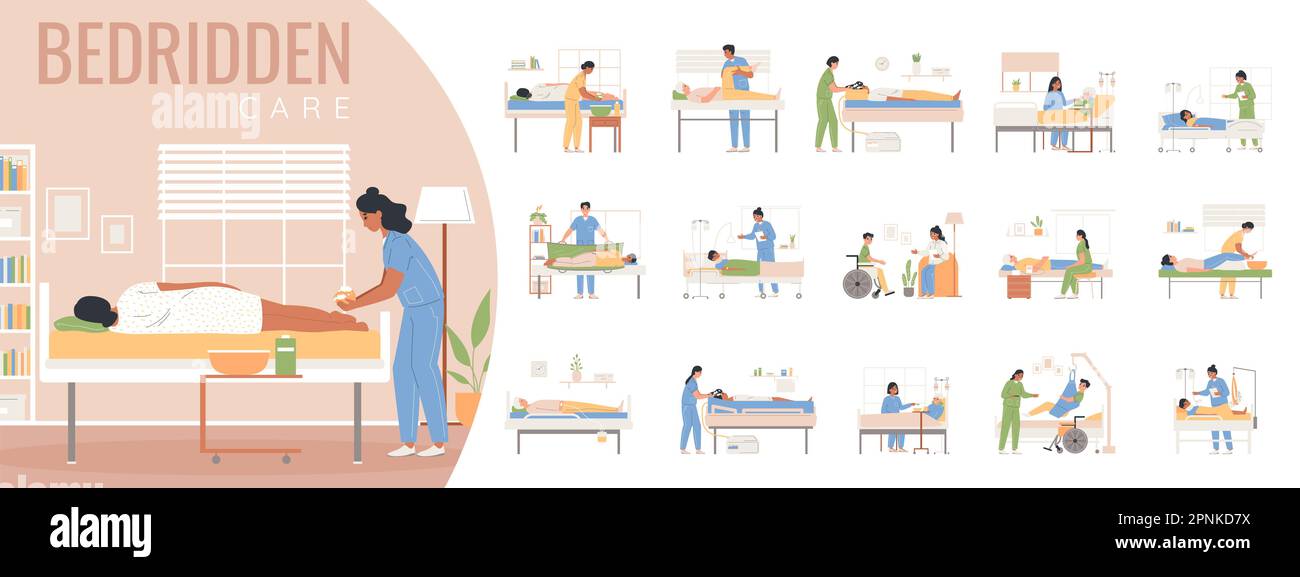 Bedridden care set with isolated compositions of flat icons with ...