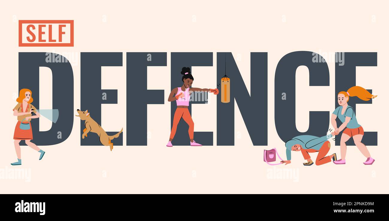 Self defence flat text composition with doodle characters of struggling ...