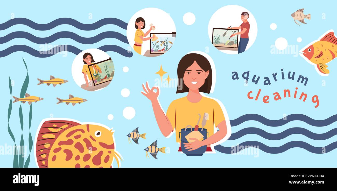 Aquarium cleaning care composition with collage of flat fish icons ...
