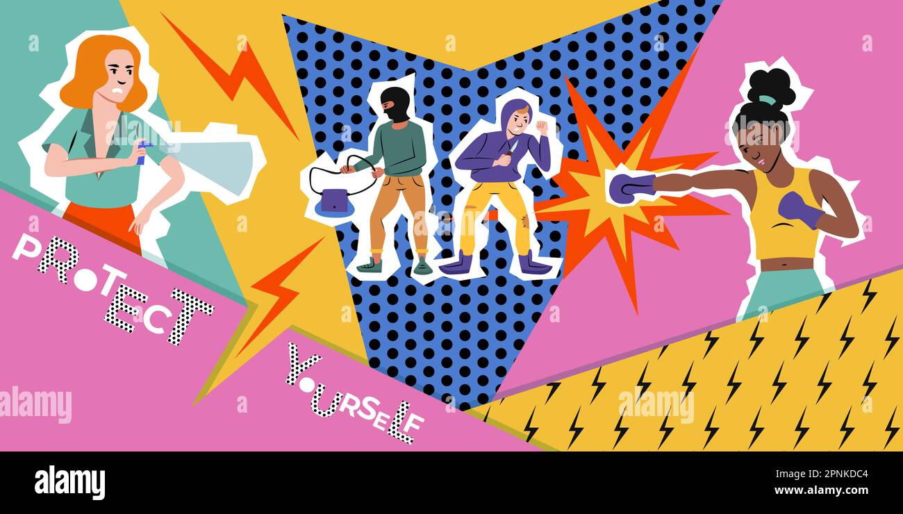 Self defence composition with collage of flat texture elements doodle ...