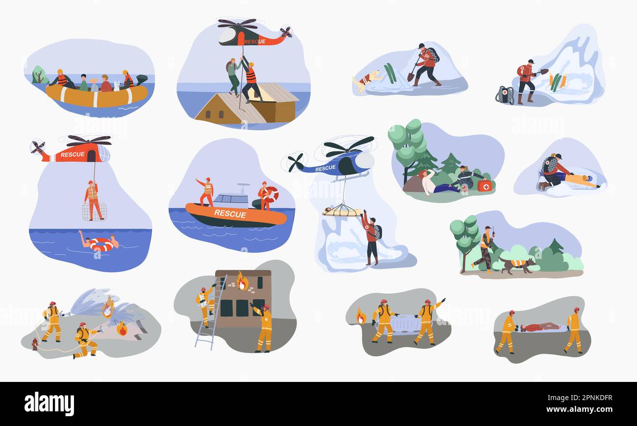 Rescuer icons set with accident symbols flat isolated vector ...