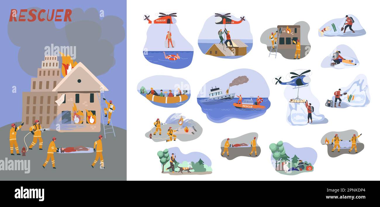 Rescuer composition set with emergency symbols flat isolated vector ...