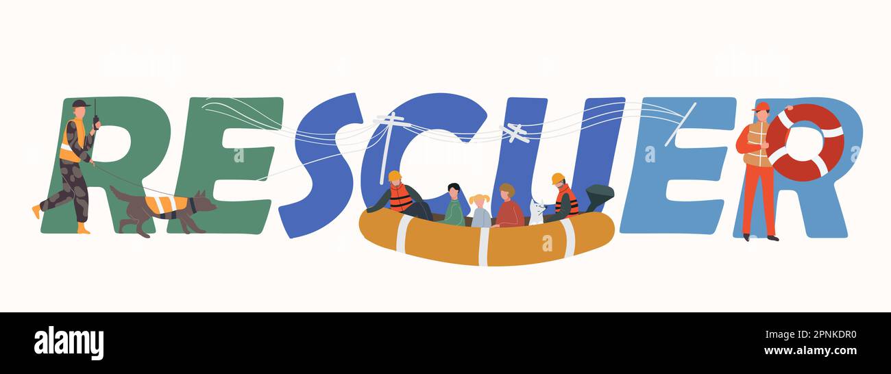 Rescuer text concept with profession and job symbols flat vector ...