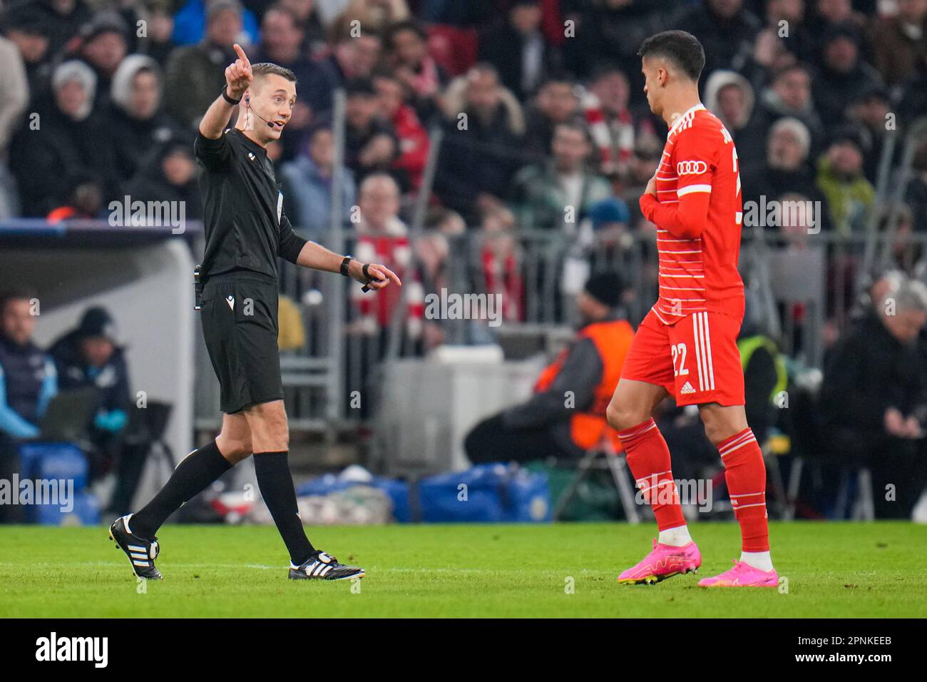 Munich, Germany. 19th Apr, 2023. MUNICH, GERMANY - APRIL 19: Referee Clement Turpin interacts ...