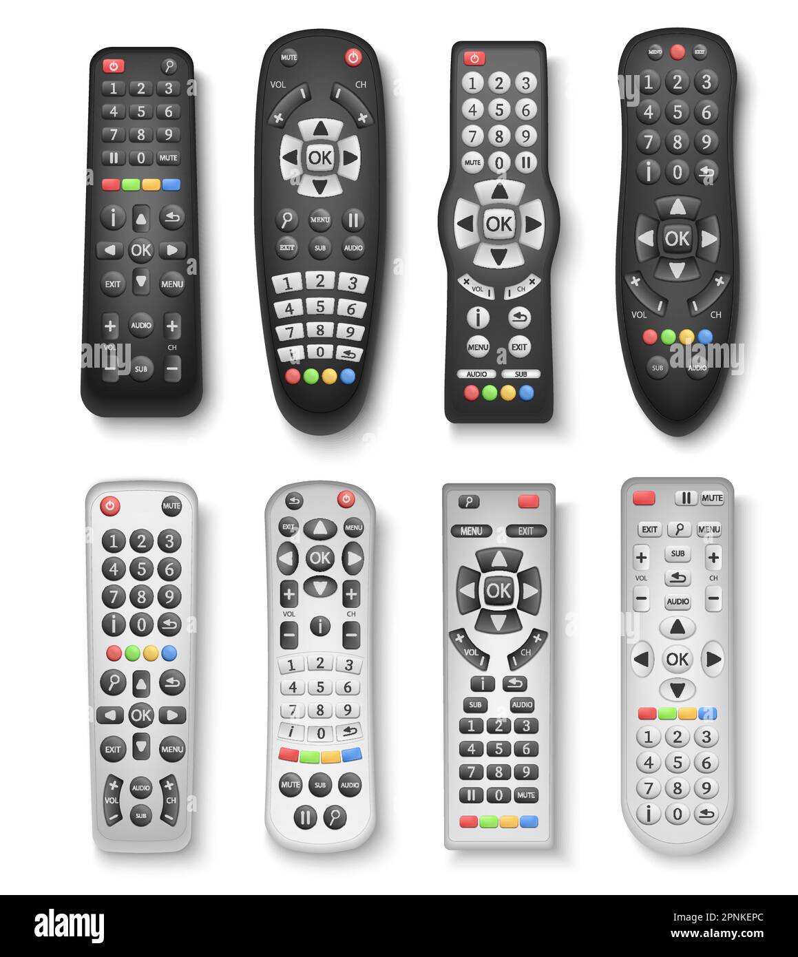 Black and silver TV remote controllers of different models realistic ...