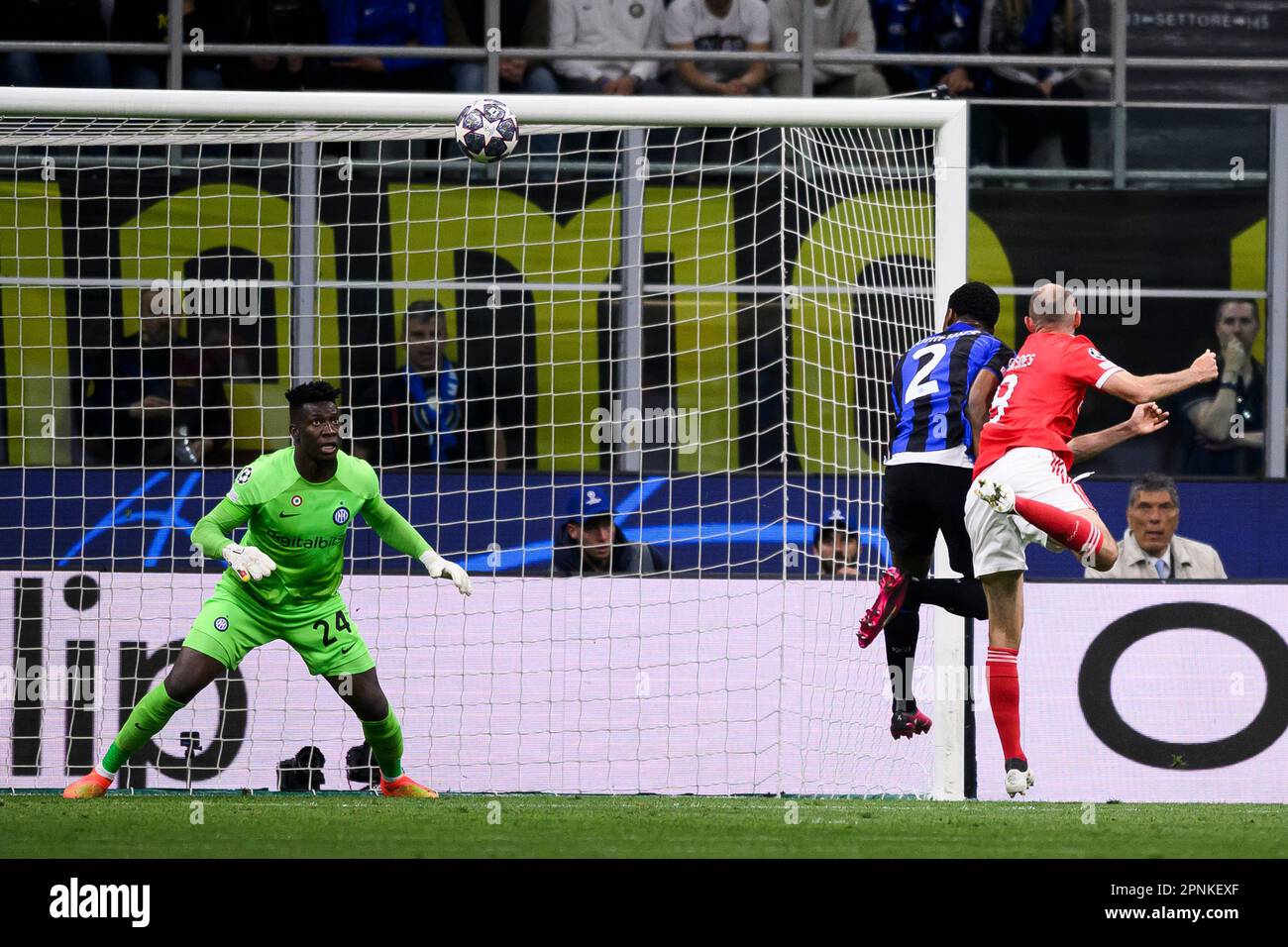 Milan, Italy. 19 April 2023. Fredrik Aursnes of SL Benfica scores a ...