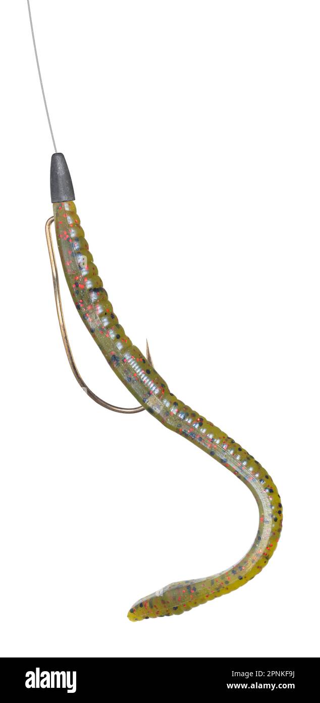 Light brown rubber fishing worm rigged up to be weedless on a hook ...