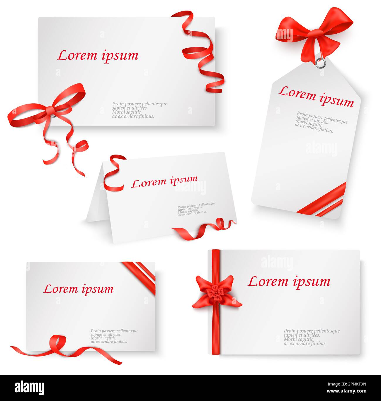Gift or presentation cards with red ribbons and bows realistic set ...