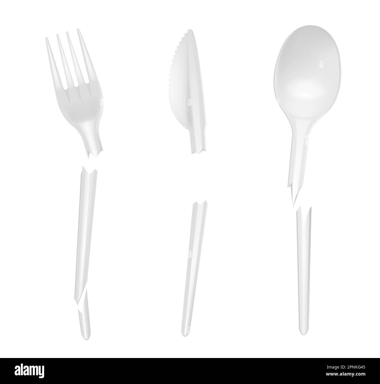 Disposable tableware realistic set of broken white plastic knife fork ...