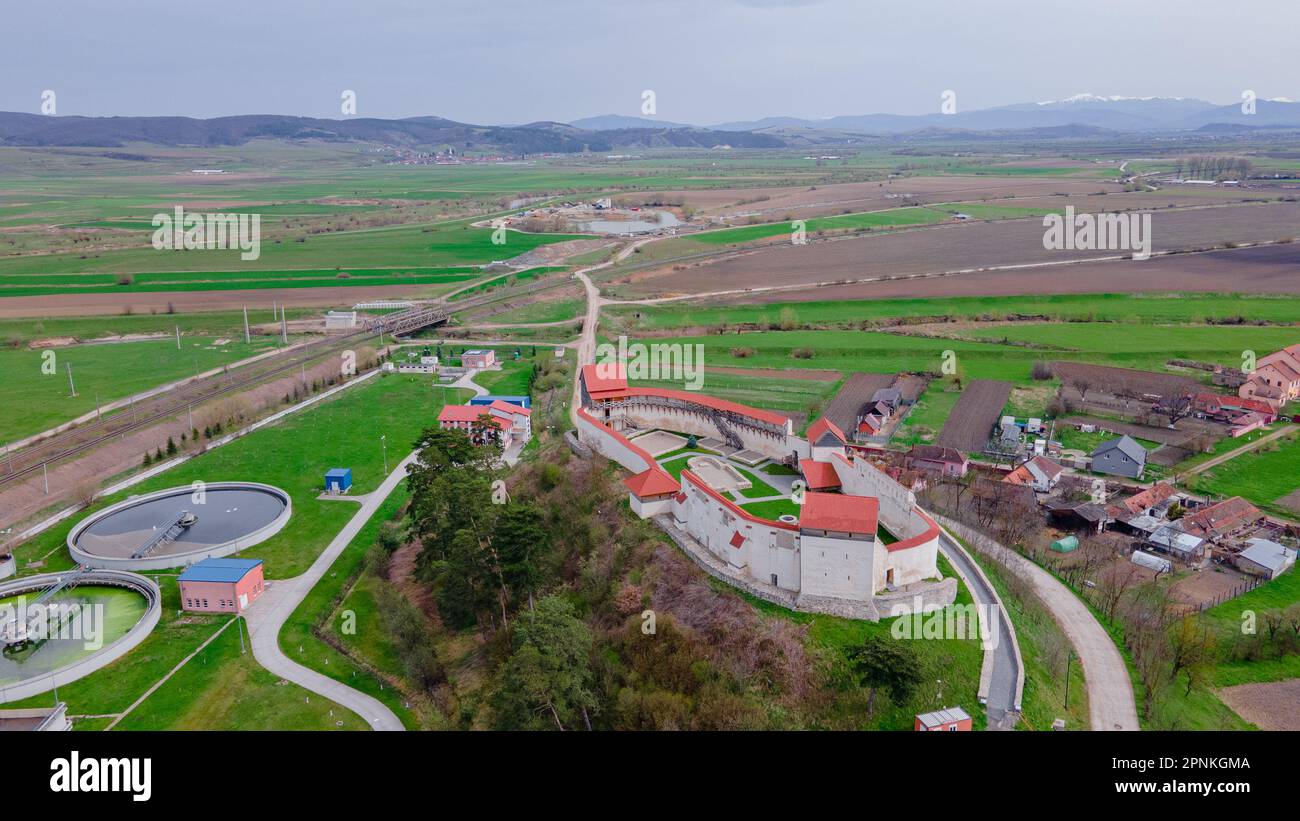 Aerial photography of the Feldioara medieval outpost, located in Brasov ...