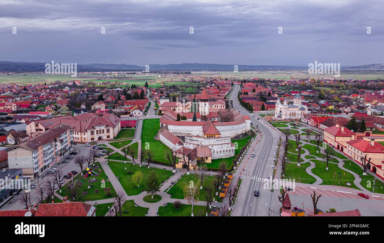 Aerial view of Prejmer fortified Church, located in Brasov county ...