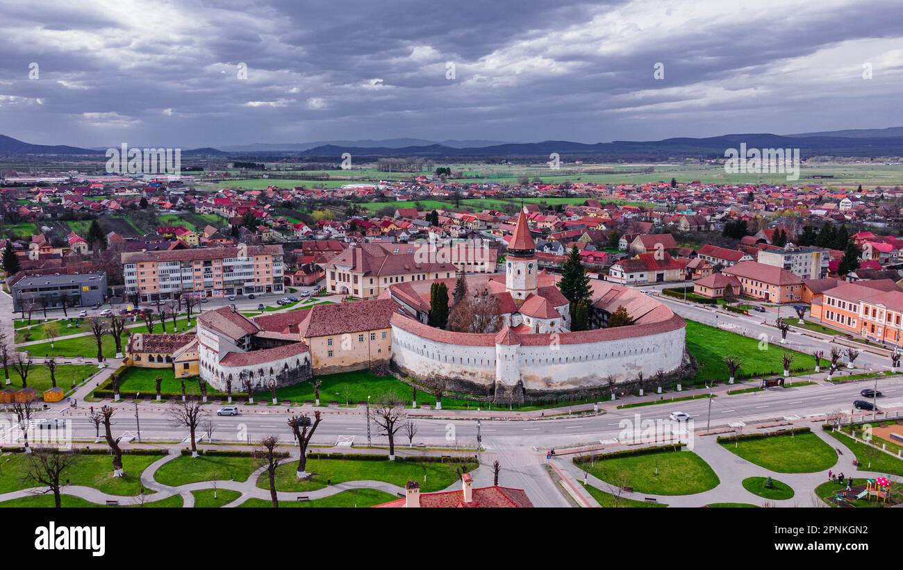 Aerial view of Prejmer fortified Church, located in Brasov county ...