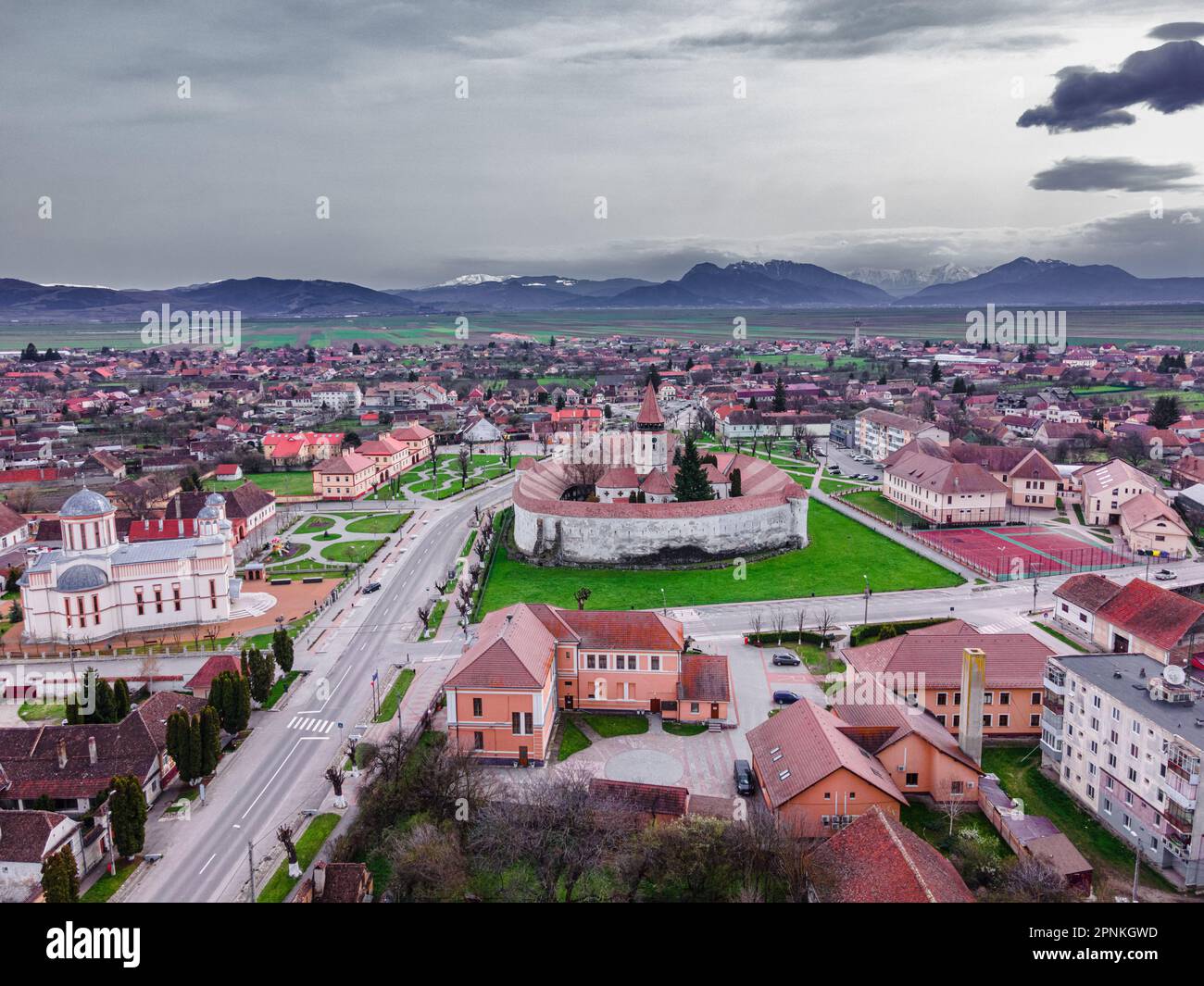 Aerial view of Prejmer fortified Church, located in Brasov county ...