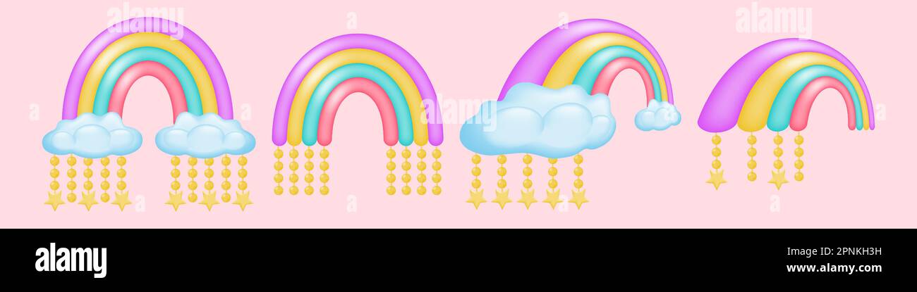 Set of fabulous 3D colorful rainbows. A bright rainbow with and without ...