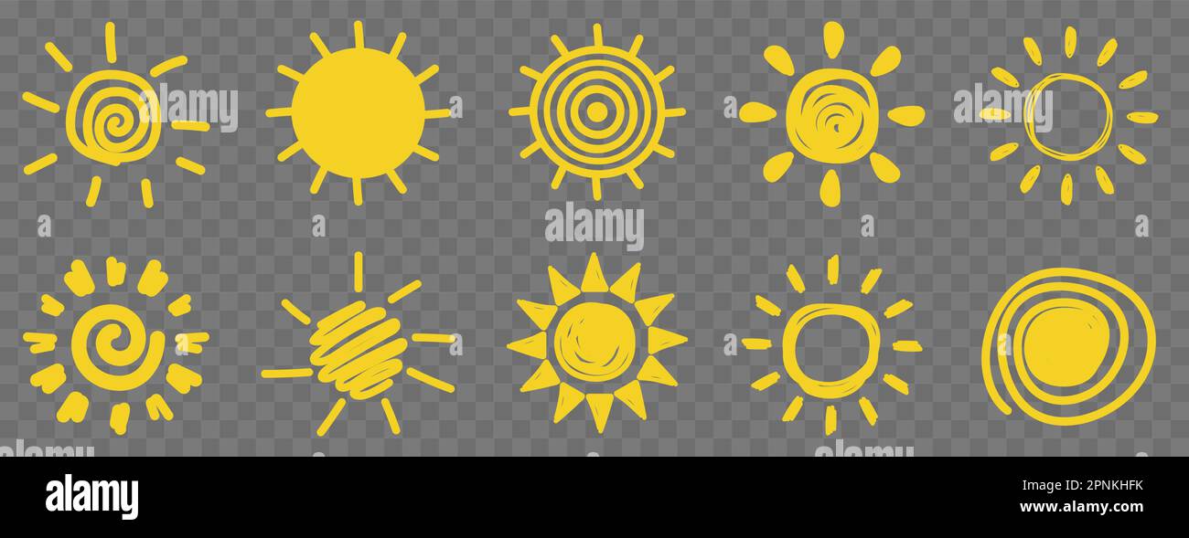 Set of yellow suns. Vector illustration isolated on transparent ...