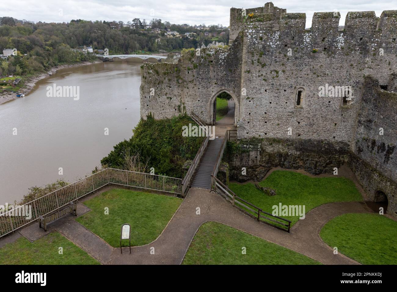 Chepstow, UK. 14th April, 2023. The Marshal's Tower (r) of Chepstow ...