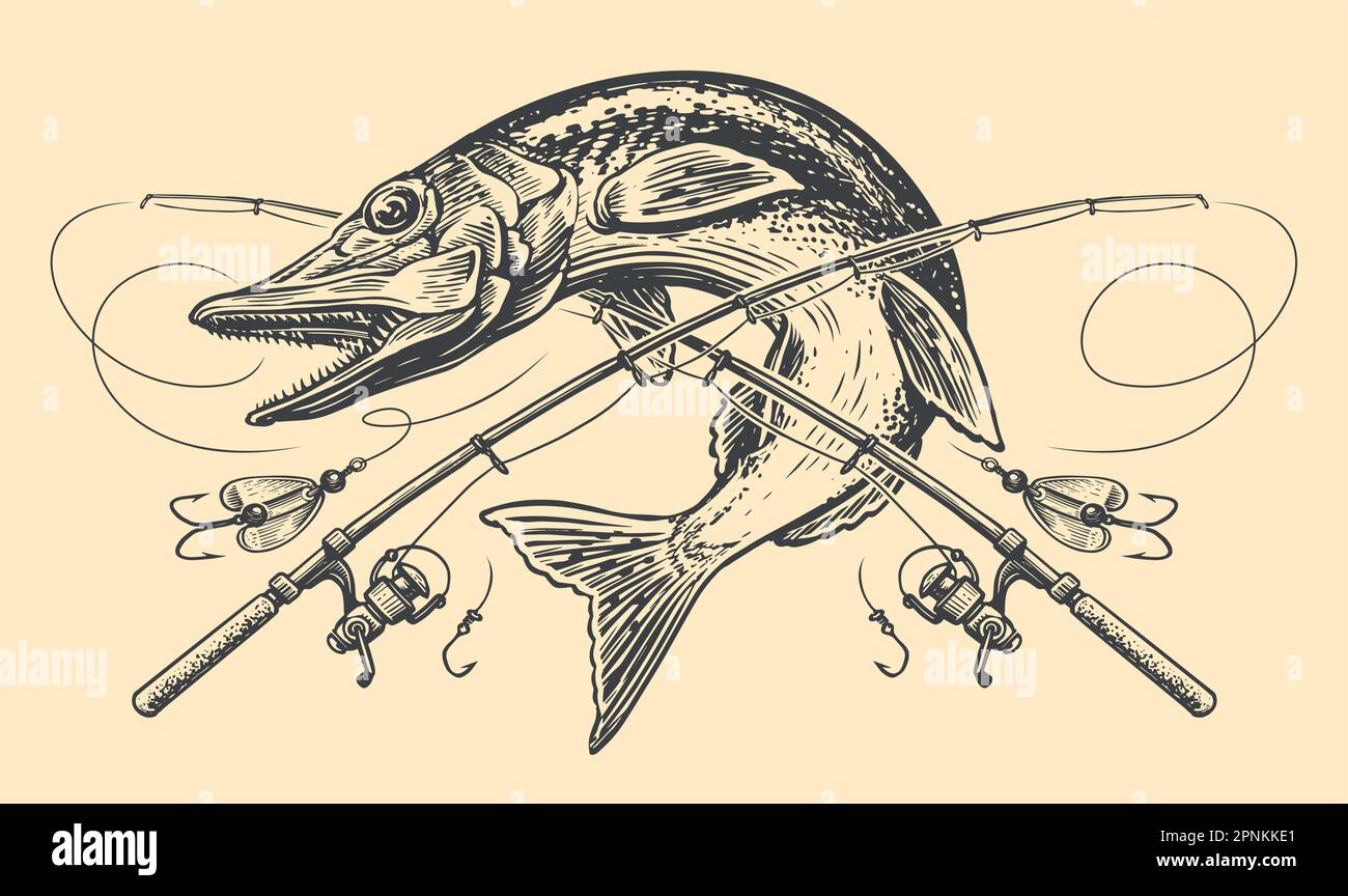 Pike fish, crossed rods and tackle emblem. Fishing, outdoor sports ...