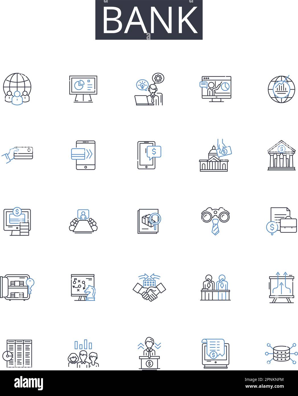 Bank line icons collection. Planning, Execution, Scope, Timeline, Risk, Communication ...
