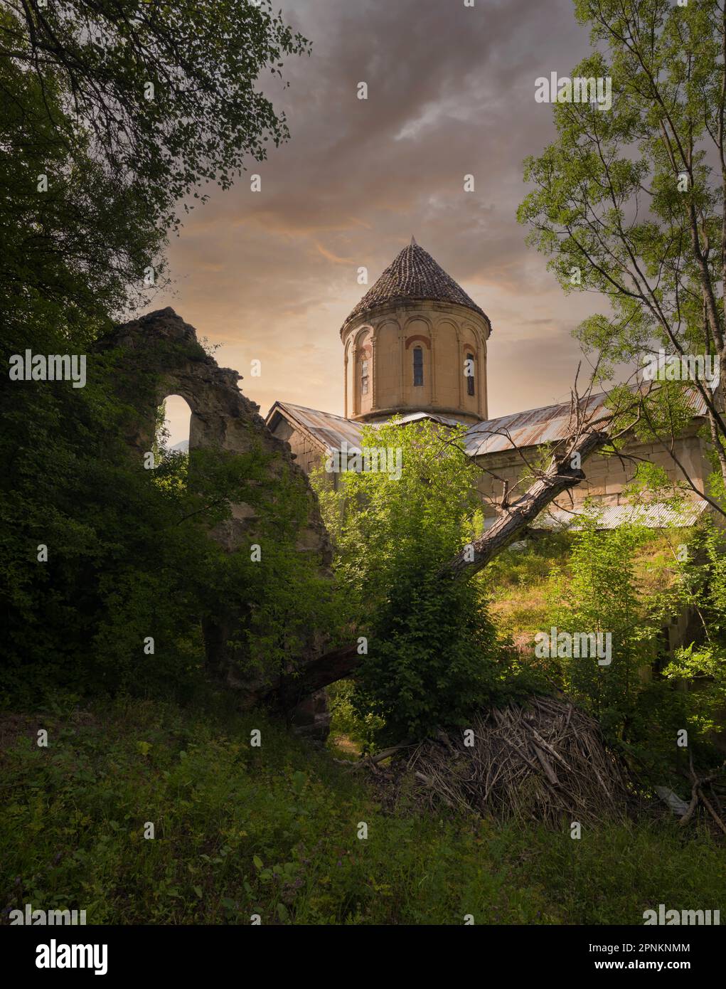 Haho (Hahuli) Monastery at morning sunlight. Medieval Georgian Orthodox ...
