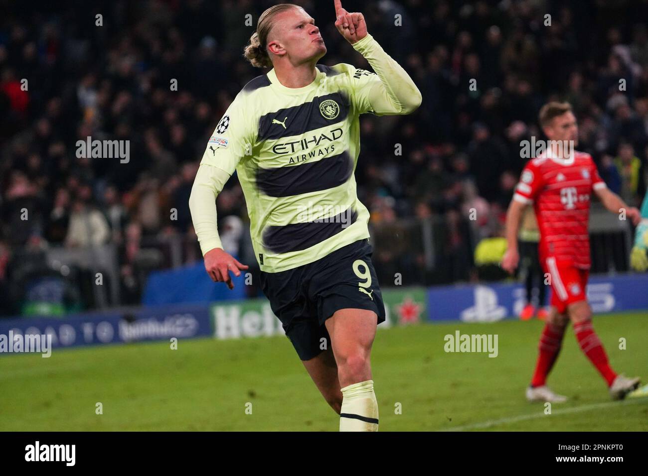 Munich, Bavaria, Germany. 19th Apr, 2023. ERLING HAALAND shushes the ...