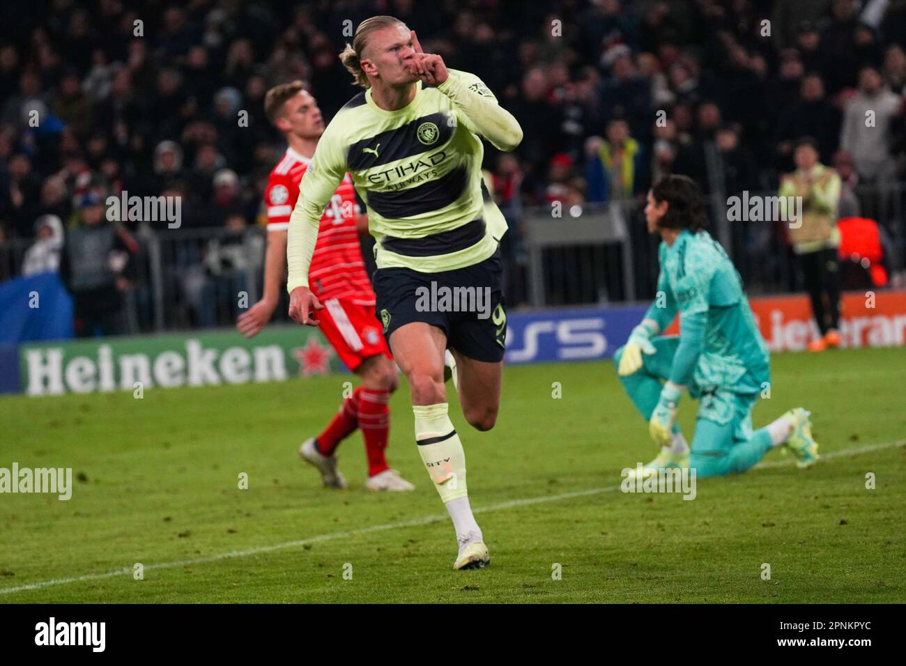 Munich, Bavaria, Germany. 19th Apr, 2023. ERLING HAALAND shushes the ...