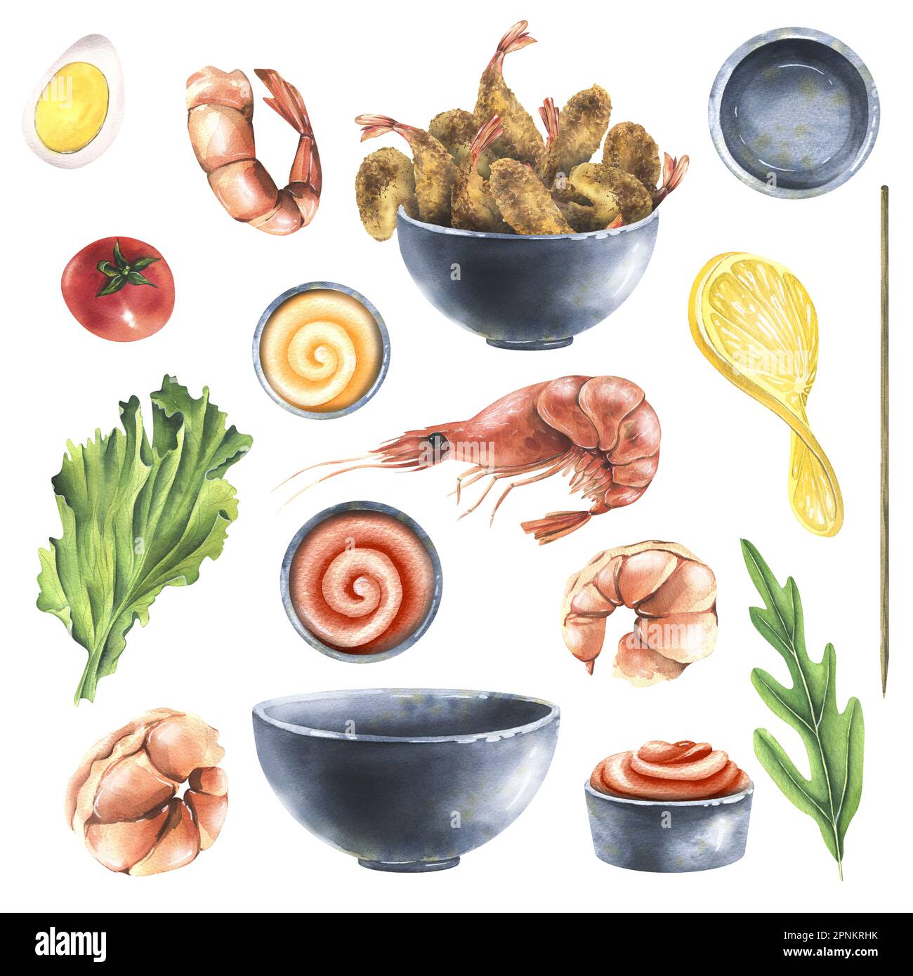 Set of isolated objects on a white background with shrimps, ceramic ...