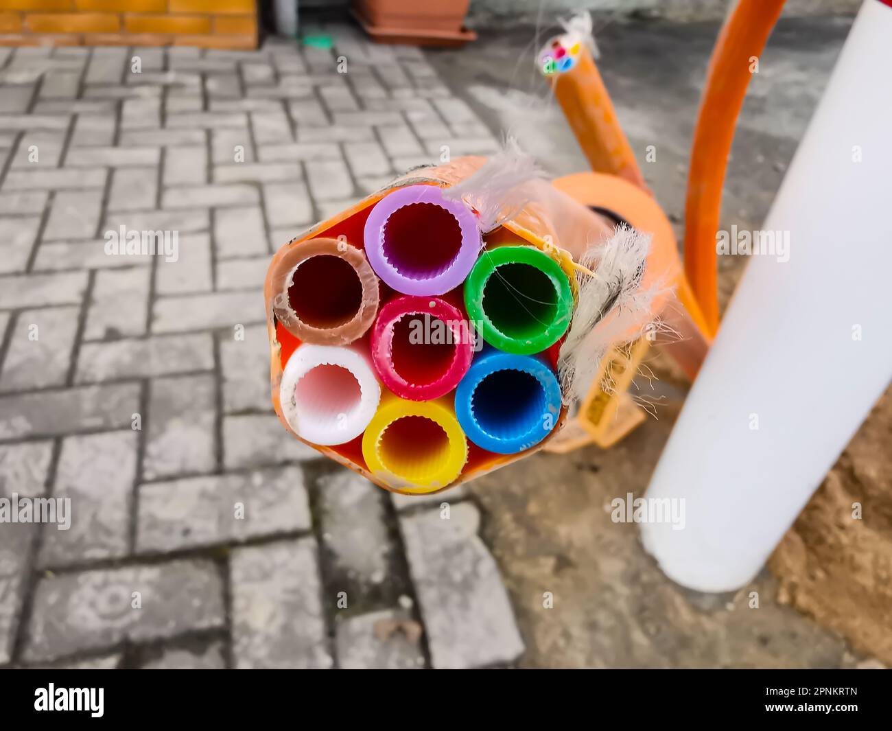Plastic cable for fiber optic lines on construction site Stock Photo ...