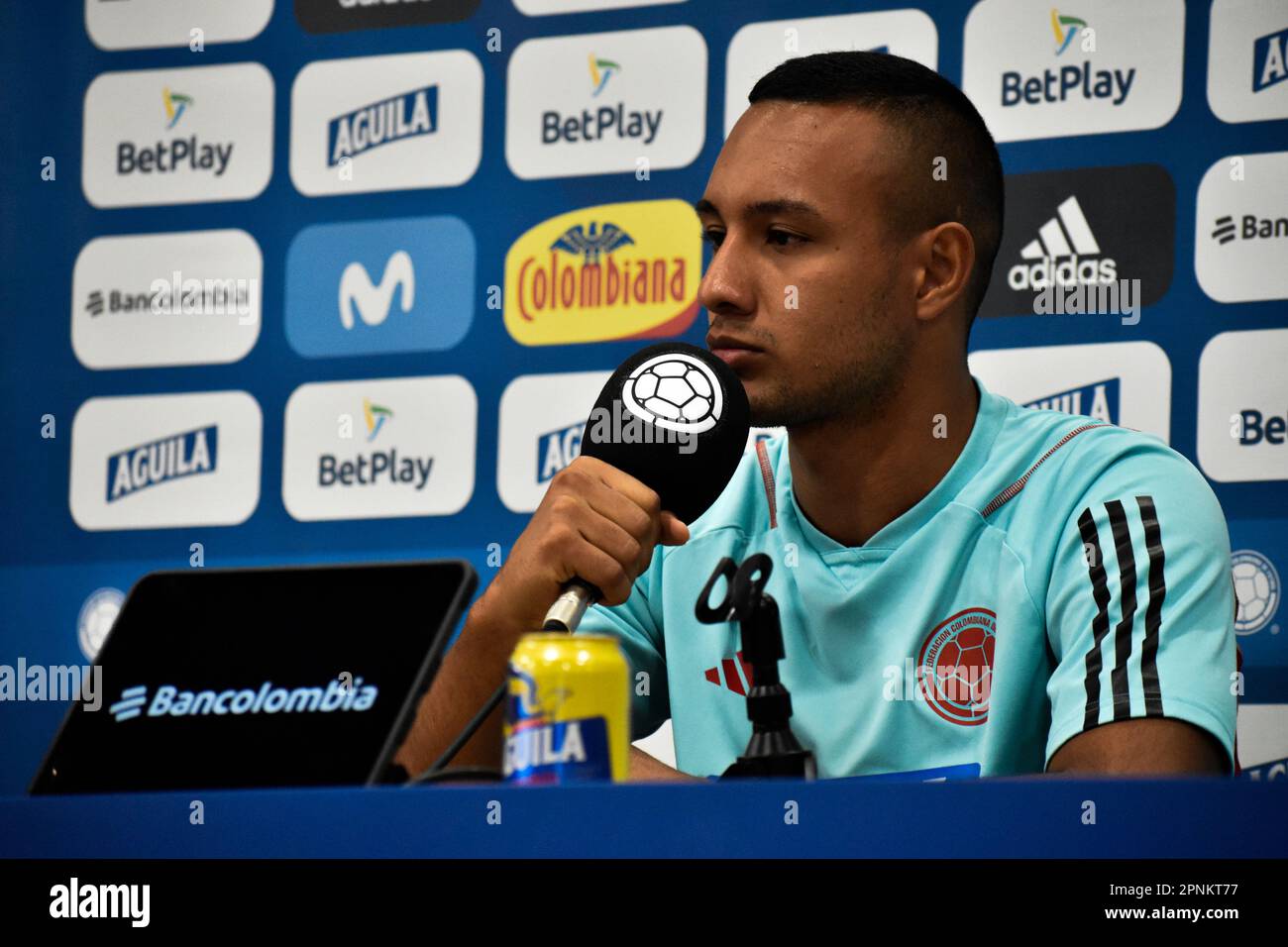 Colombia's Daniel Pedrozo talks to the press during the warmups of ...
